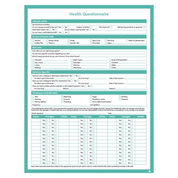 Client Health Questionnaire for Hair Removal 50pk - Associated Health ...